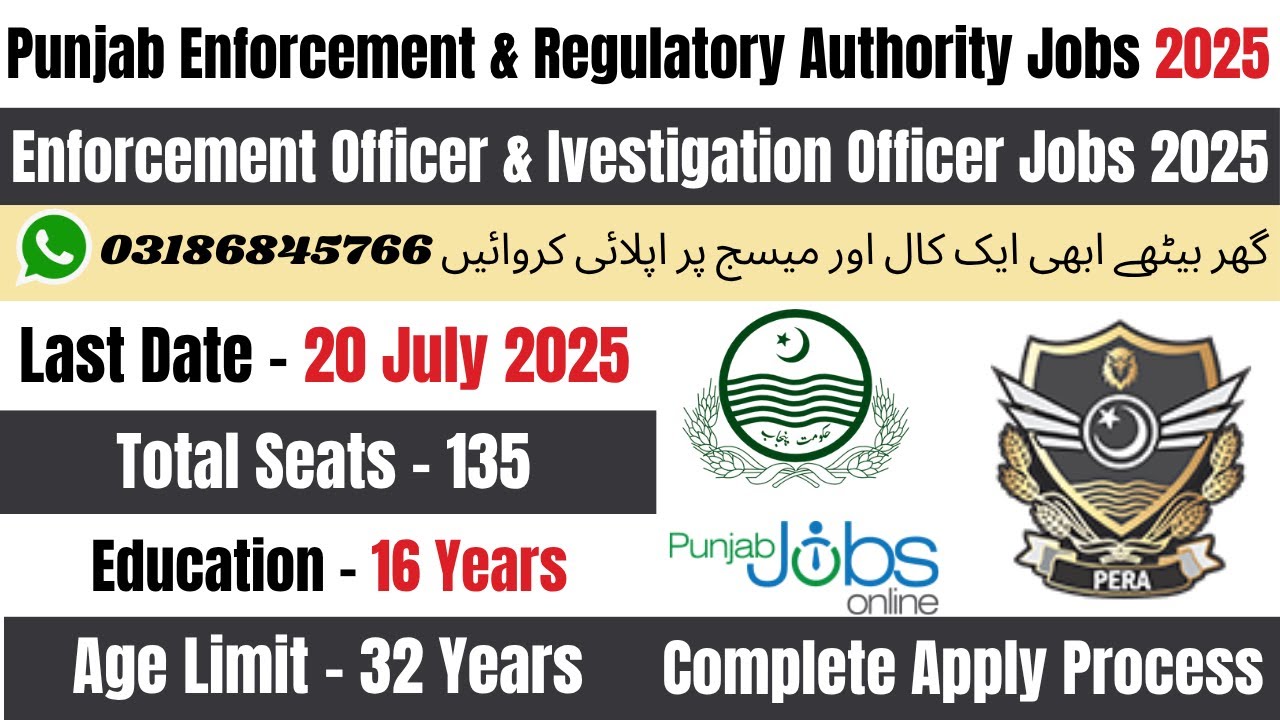 Punjab Enforcement And Regulatory Authority Jobs 2025 | PERA Jobs 2025 ...