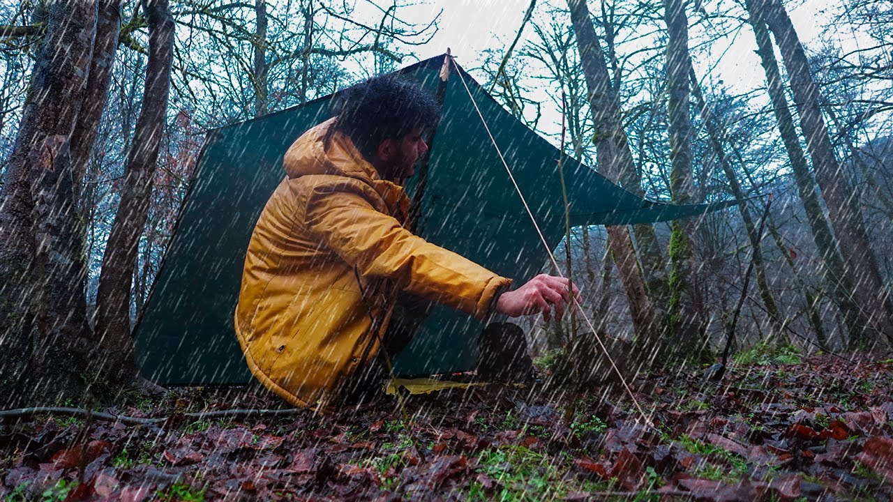 SOLO Camping in NONSTOP HEAVY RAIN with Survival Shelter - YouTube