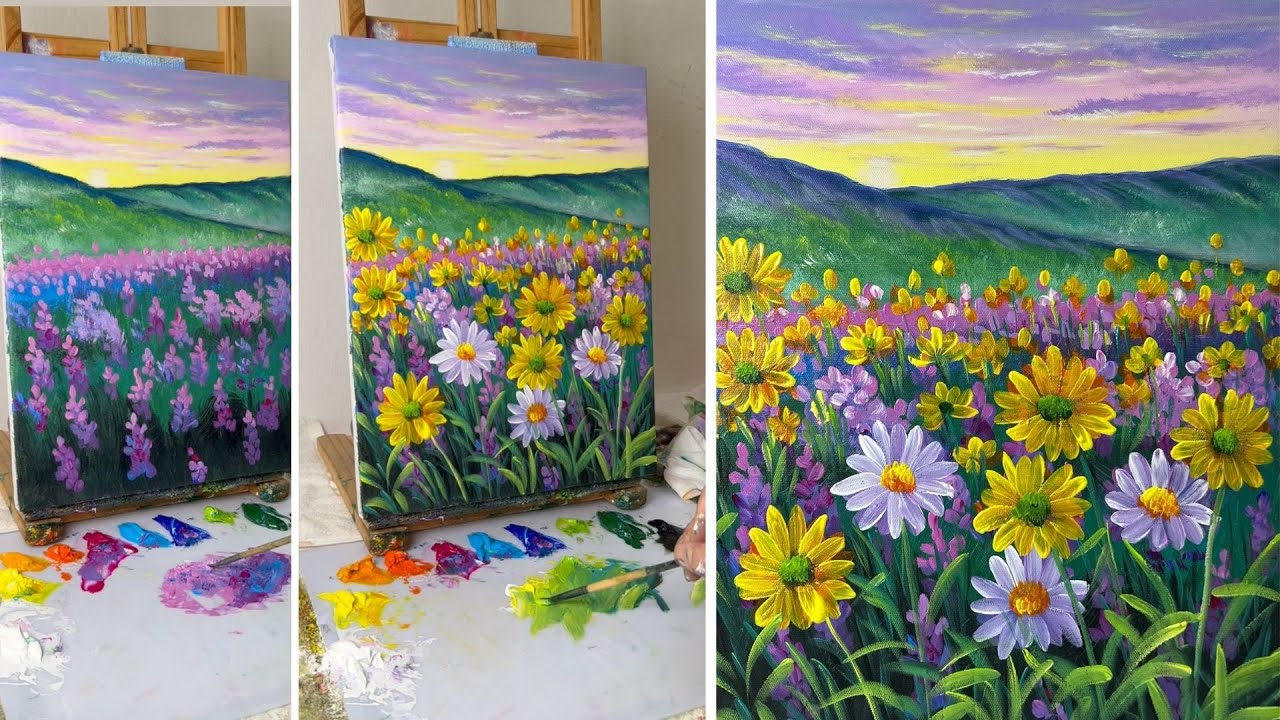 How to Paint a Vibrant Wildflower Meadow at Sunset | Acrylic Painting ...