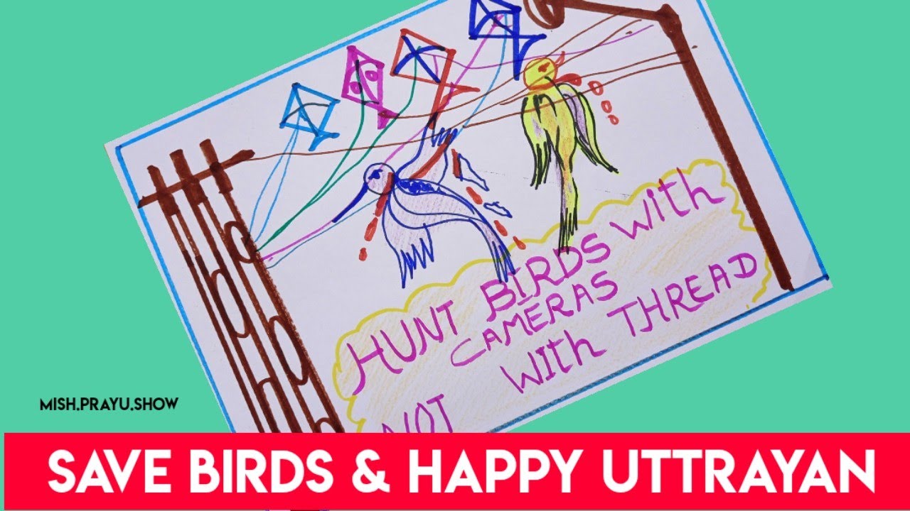 Save Bird Slogan Drawing Poster | Happy Uttarayan Poster Drawing | Kite ...