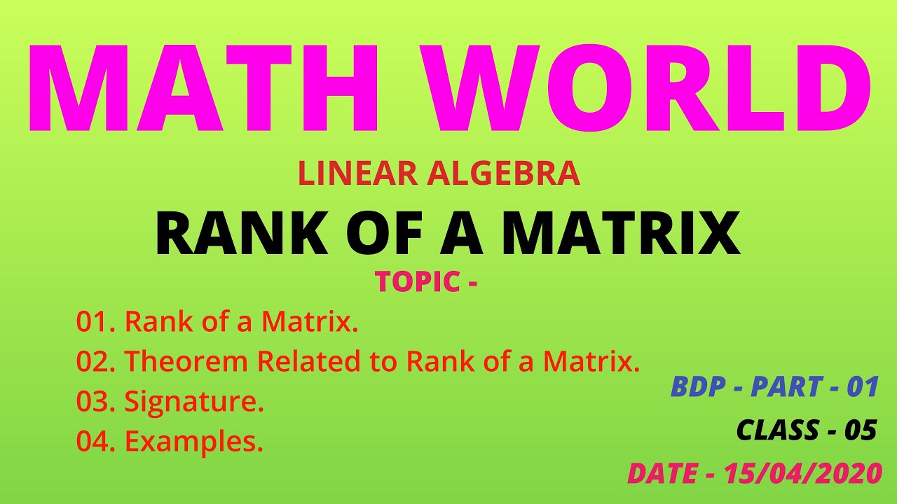 LINEAR ALGEBRA [RANK OF A MATRIX] - YouTube