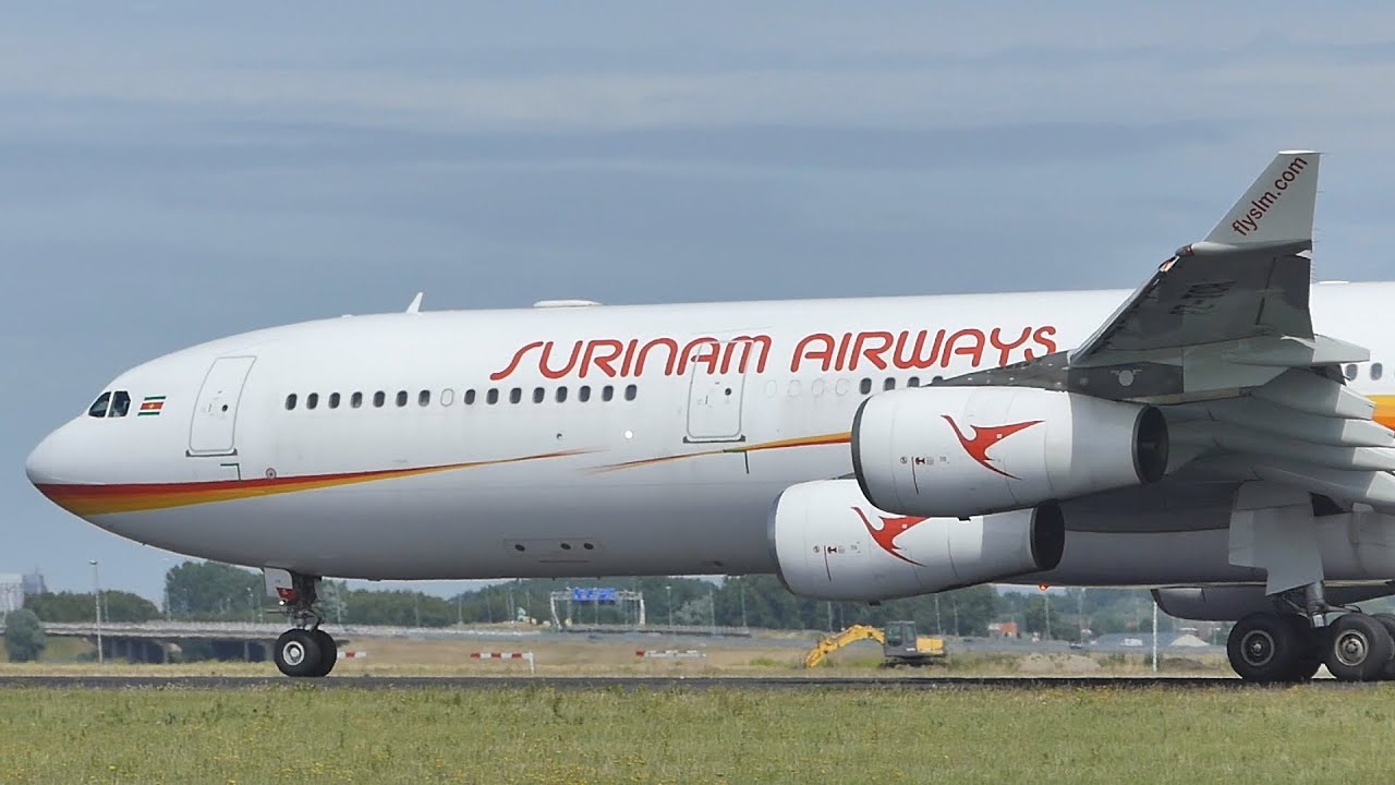 Surinam Airways Airbus A340 take off Schiphol Amsterdam - YouTube