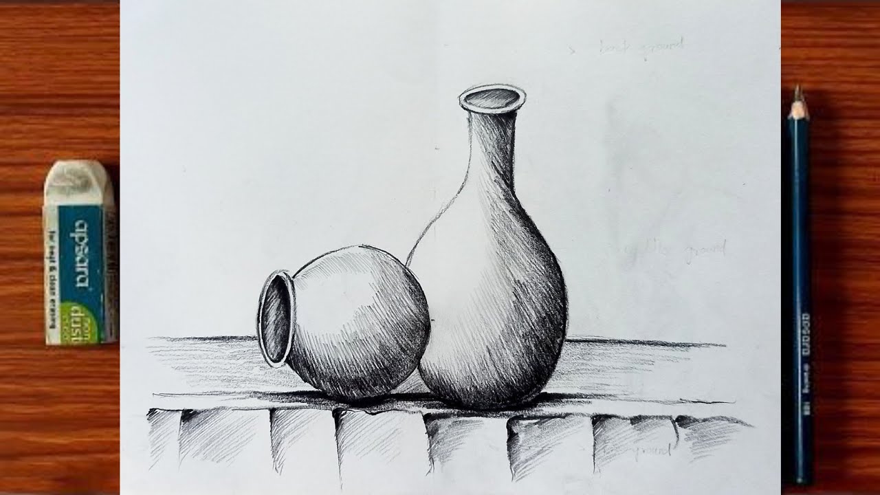 Still Life Drawing Step By Step | Pencil Shading Process of Pots ...