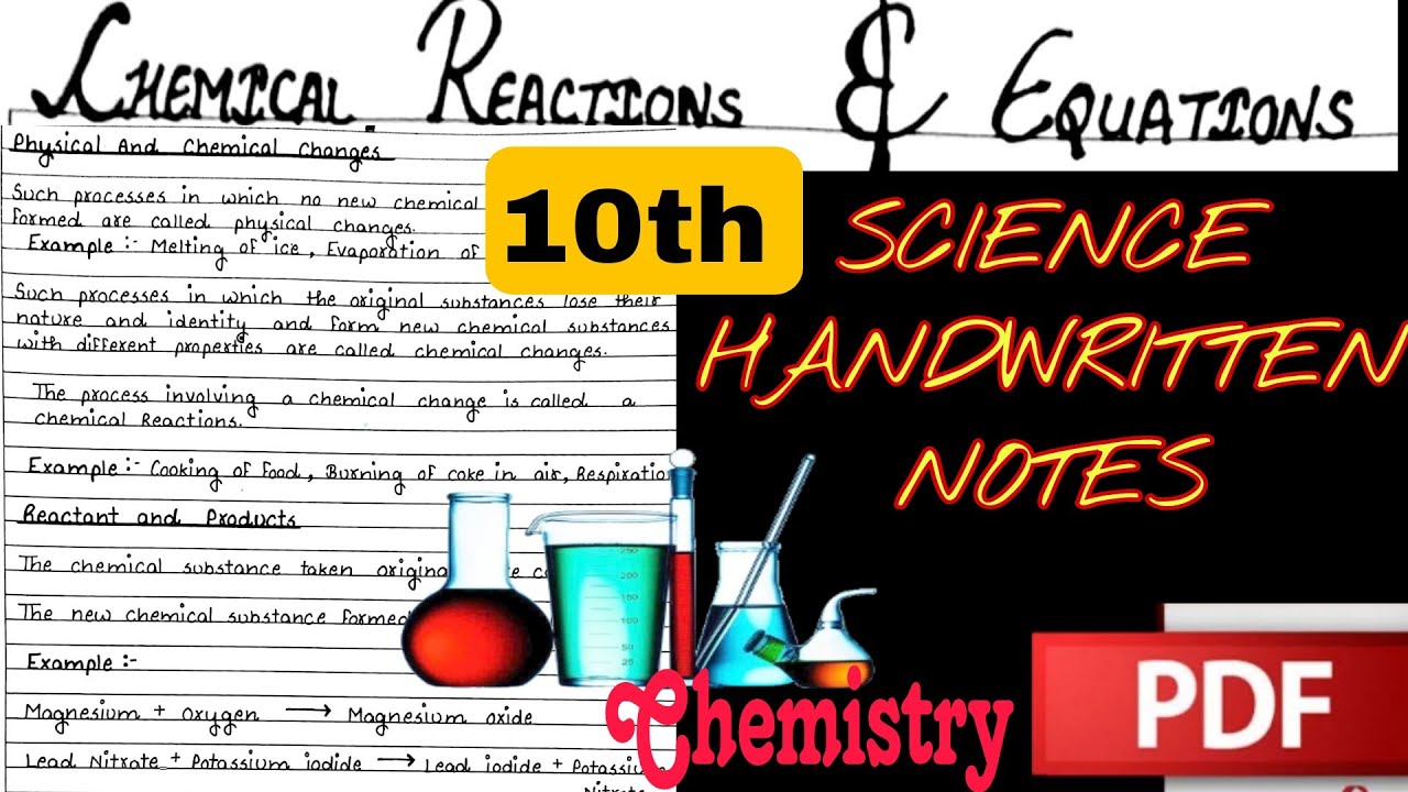 Chemical Reactions Equation Handwritten Notes pdf class 10th Science ...