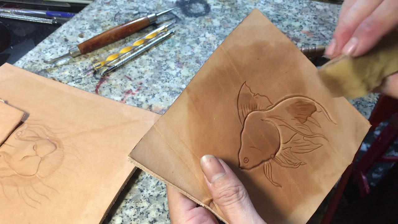 Carving leather - making golden fish - YouTube