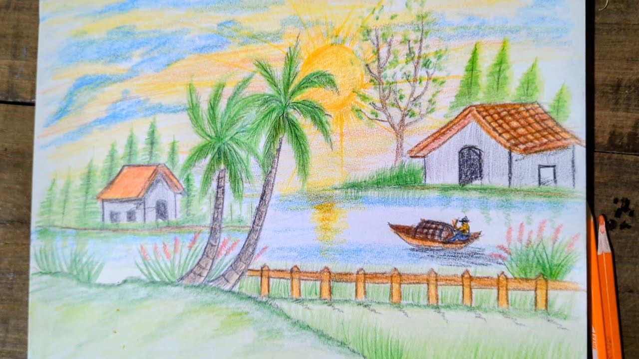Peaceful Village Scenery Drawing | Sunset Riverside Landscape with ...
