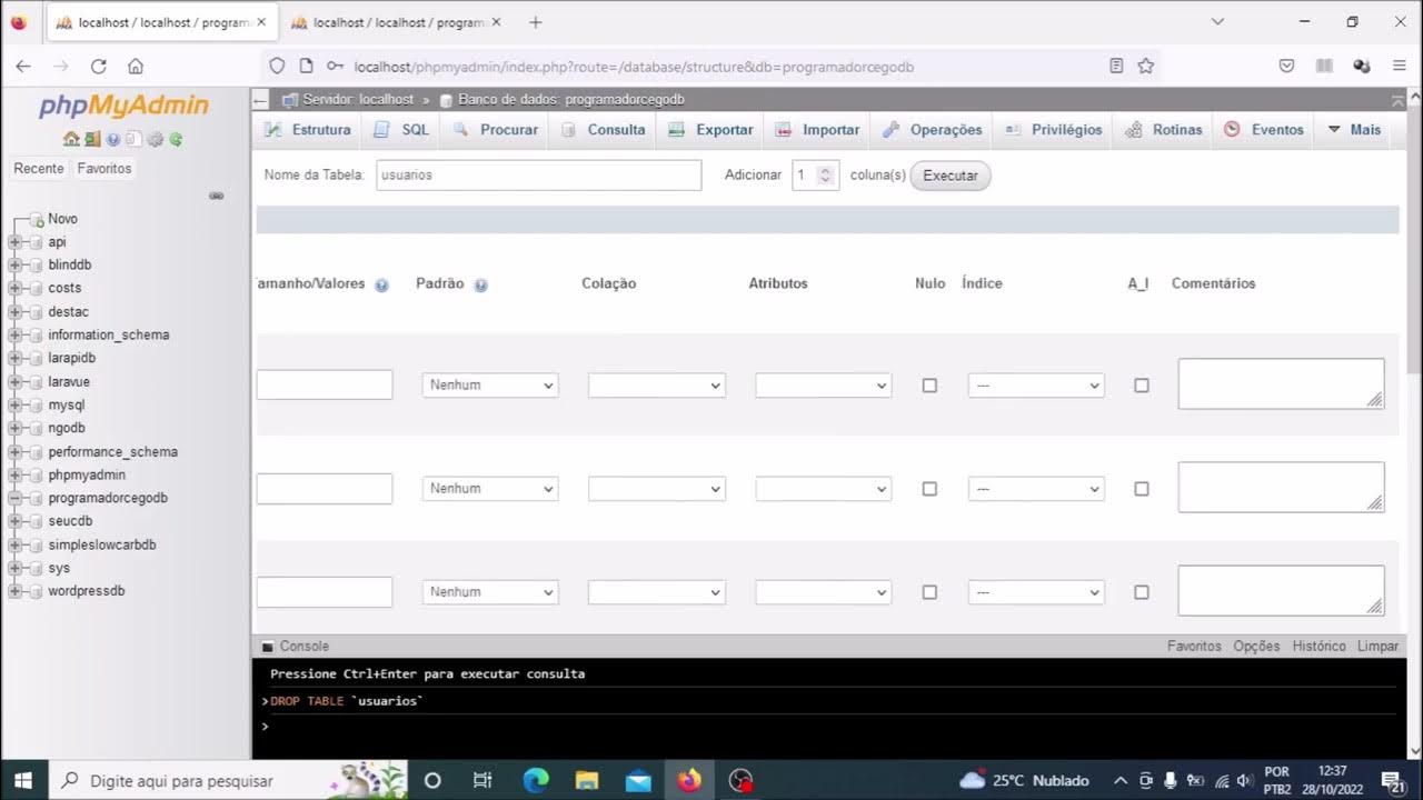 PHP Módulo 4: Aula #05 - Criando tabela no phpmyadmin - YouTube