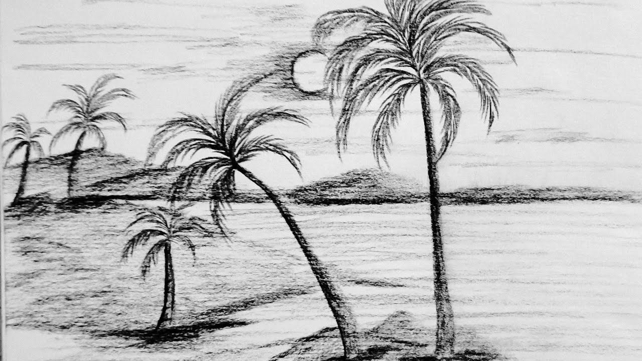 Relaxing Charcoal Landscape Drawing | Palm Tree Beach Sketch Tutorial ...
