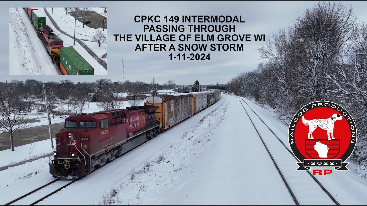 CPKC 149 Intermodal Train Passing Through The Village of Elm Grove WI After A Snow Storm 1-11 ...