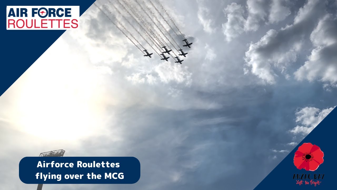 Air Force Roulettes flyover MCG on ANZAC day - YouTube