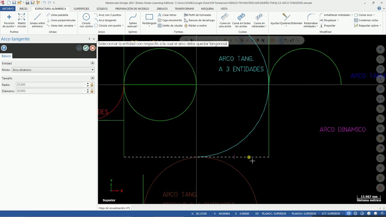 ️👨‍💻Curso de diseño 2d con MASTERCAM 2017- 🧷LECCIÓN 10 – Arco tangente ...