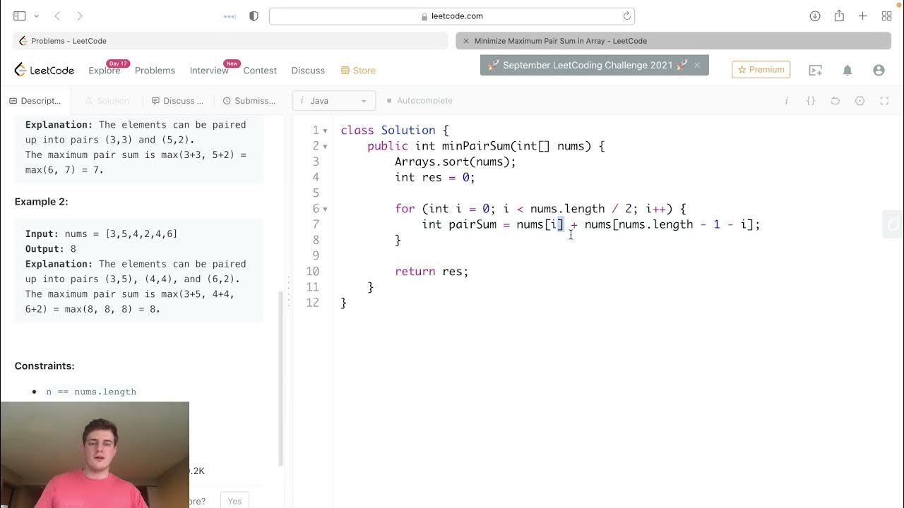 Leetcode Solution - 1877 Minimize Maximum Pair Sum in Array - YouTube