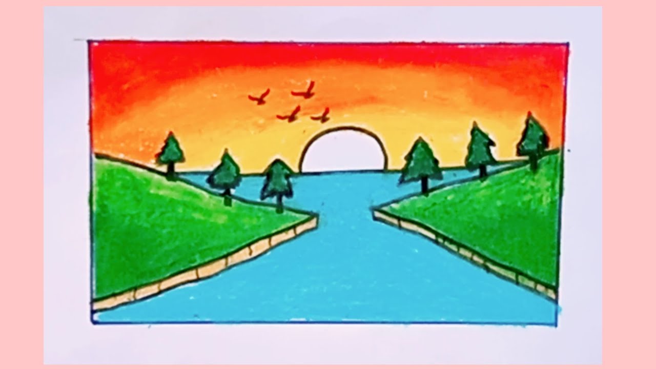 Simple Sunset Nature Scenery Drawing Step By Step // How To Draw Sunset ...