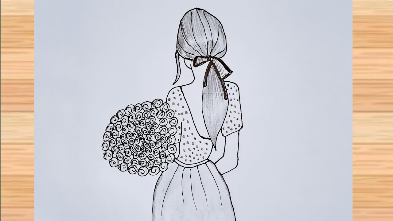 Backside girl drawing with flower || How to draw backside girl sketch ...
