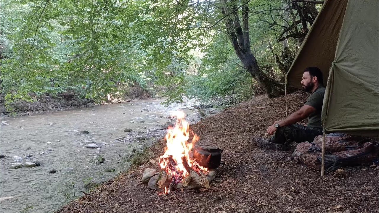 Bushcraft Summer Camping With Stone Fire Place Next To A Roaring River ...