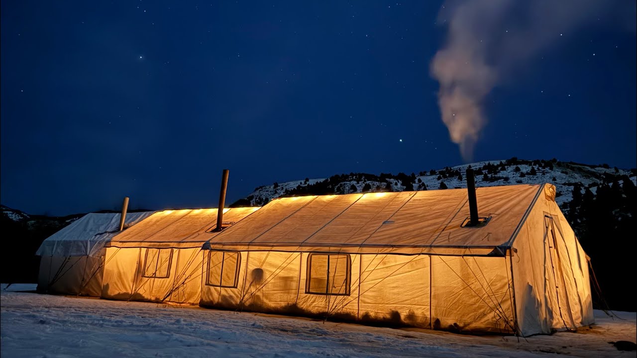 Insane tent set up 50’ long 3 tents married 3 wood stoves 5 days 4 ...