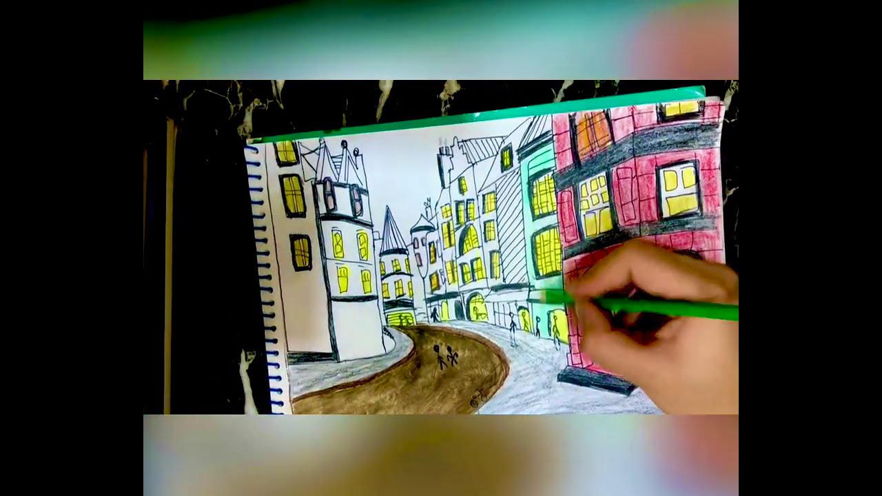 Easy Colour Pencil sketch of Night street for beginners - YouTube