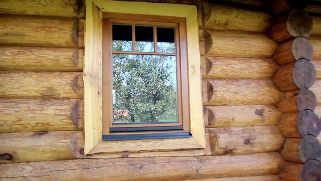 302 Reflection of trees in the log house glass wooden window - YouTube