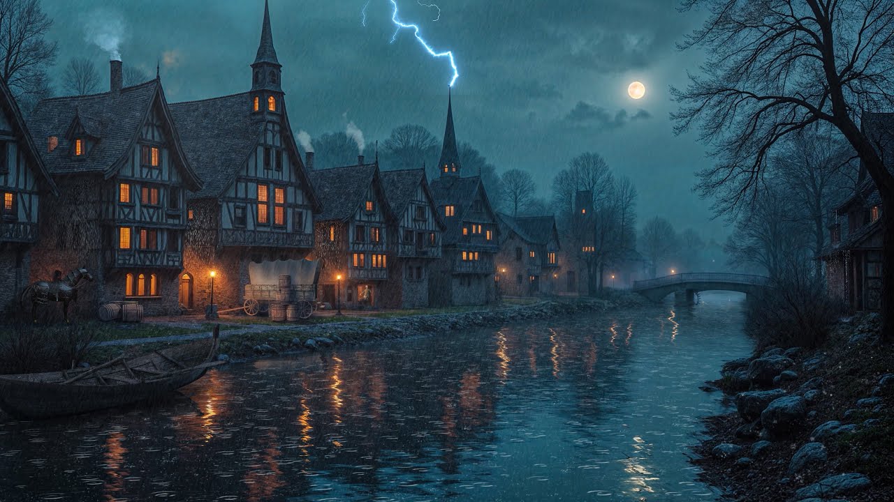 Medieval Village Night Ambience | Relaxing Heavy Rain & Thunderstorm ...