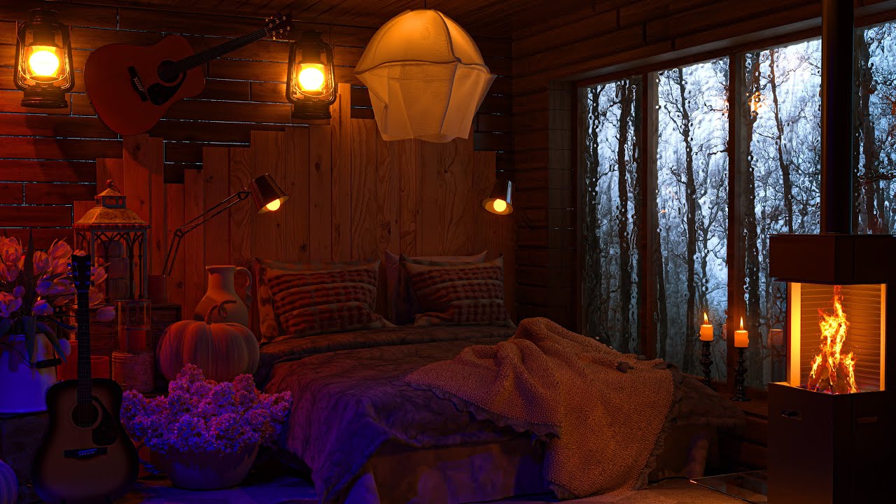 Cozy Cabin Ambience With Fireplace Burning and Crackling Fire Logs ...