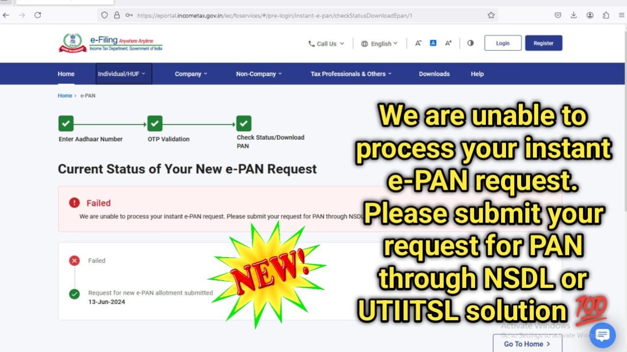 We are unable to process your instant e-PAN request. Please submit your ...