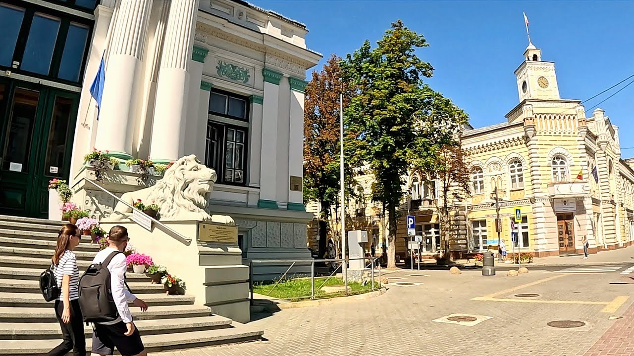 Walking tour along the central street of Chisinau, Moldova. 4K. Life in ...