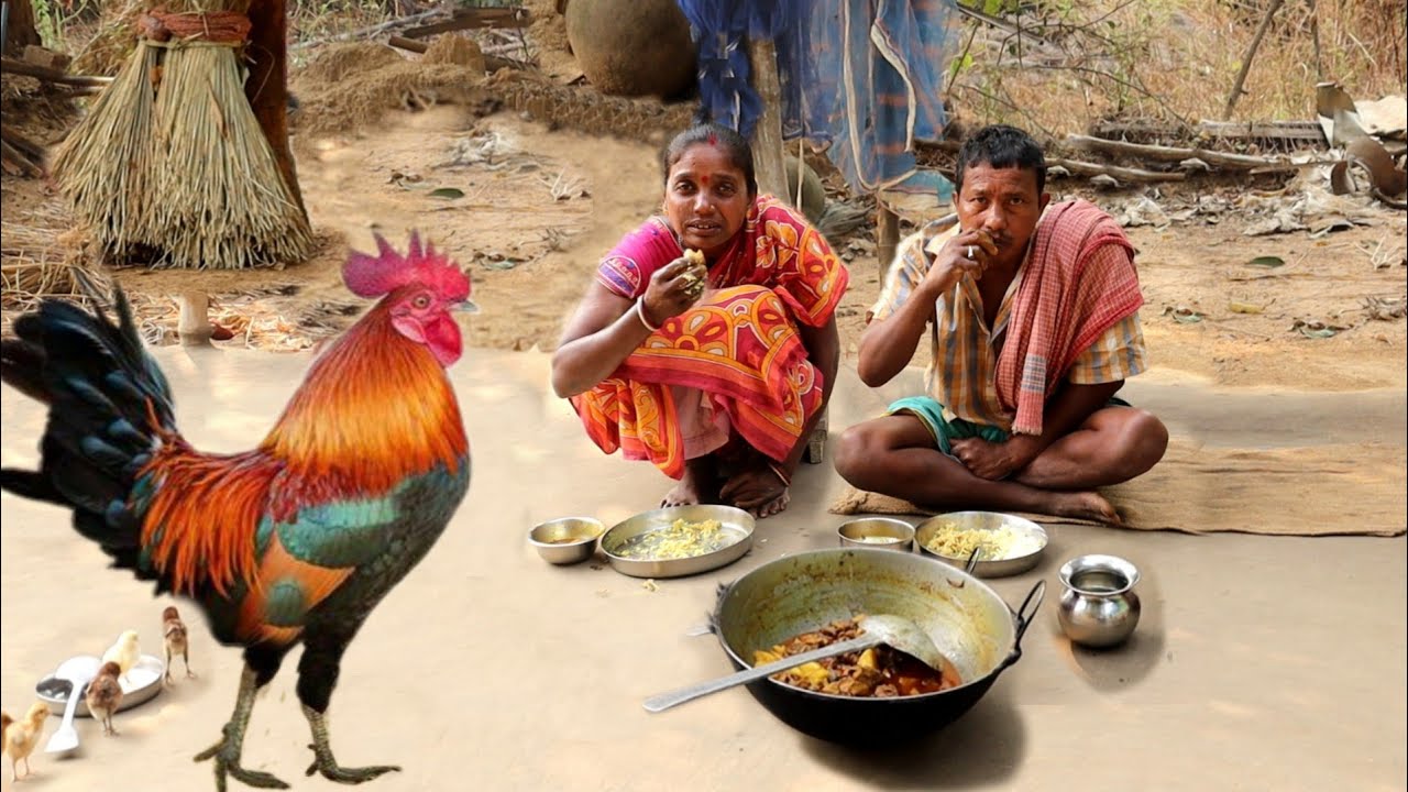 Red country chicken curry recipe cooking by a tribe couple for their ...