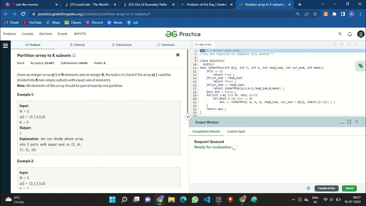 Partition array to K subsets || GeeksForGeeks POTD - YouTube