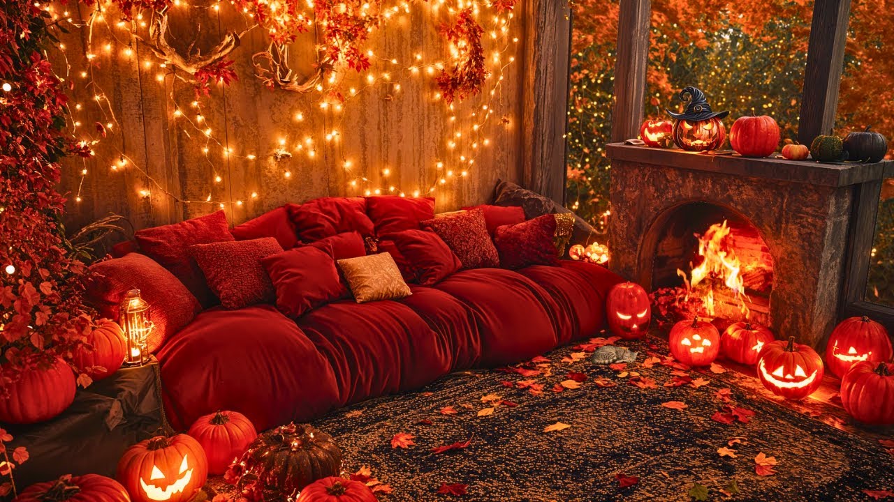 Cozy Halloween Night Ambience | Crackling Fireplace, Glowing Pumpkins ...