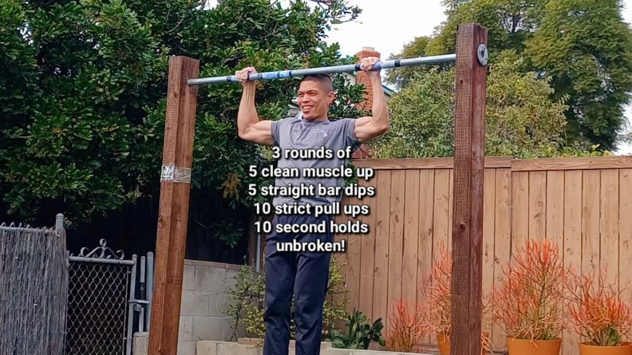 3 rounds of 5 clean muscle ups to 5 bar dips to 10 strict pull ups to 10 second isometric holds ...