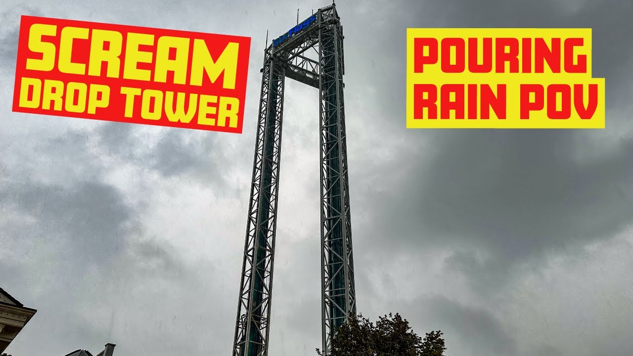 Scream Drop Tower at Six Flags New England POURING RAIN *On Ride POV ...