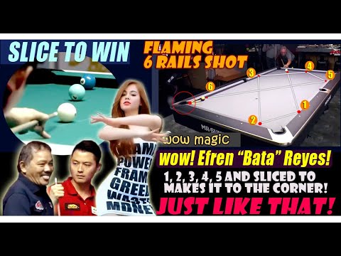 SLICED to WIN - EFREN REYES' The Flaming 6 Rails Magic Shot to make it to the corner pocket ...