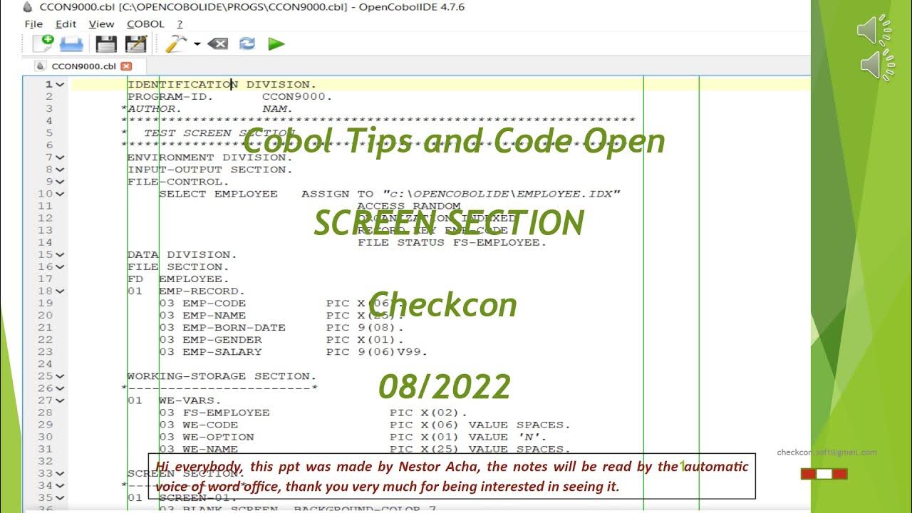 Cobol Code OPENCOBOLIDE 011 SCREEN SECTION Checkcon - YouTube