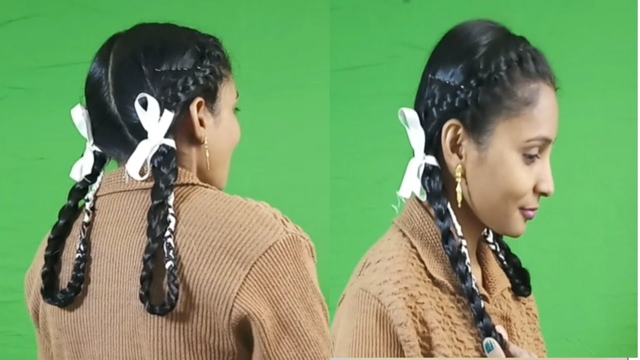 How To Make 2 Plaits For School Girls With Ribbon | new Easy School ...