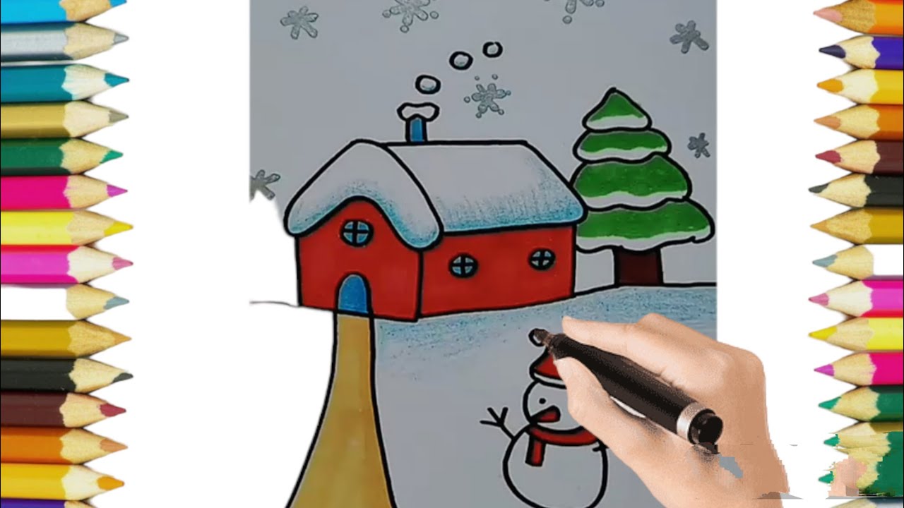 How to draw a Christmas house easy for kids 🏡🌲 ️ ️💚 how to draw winter ...