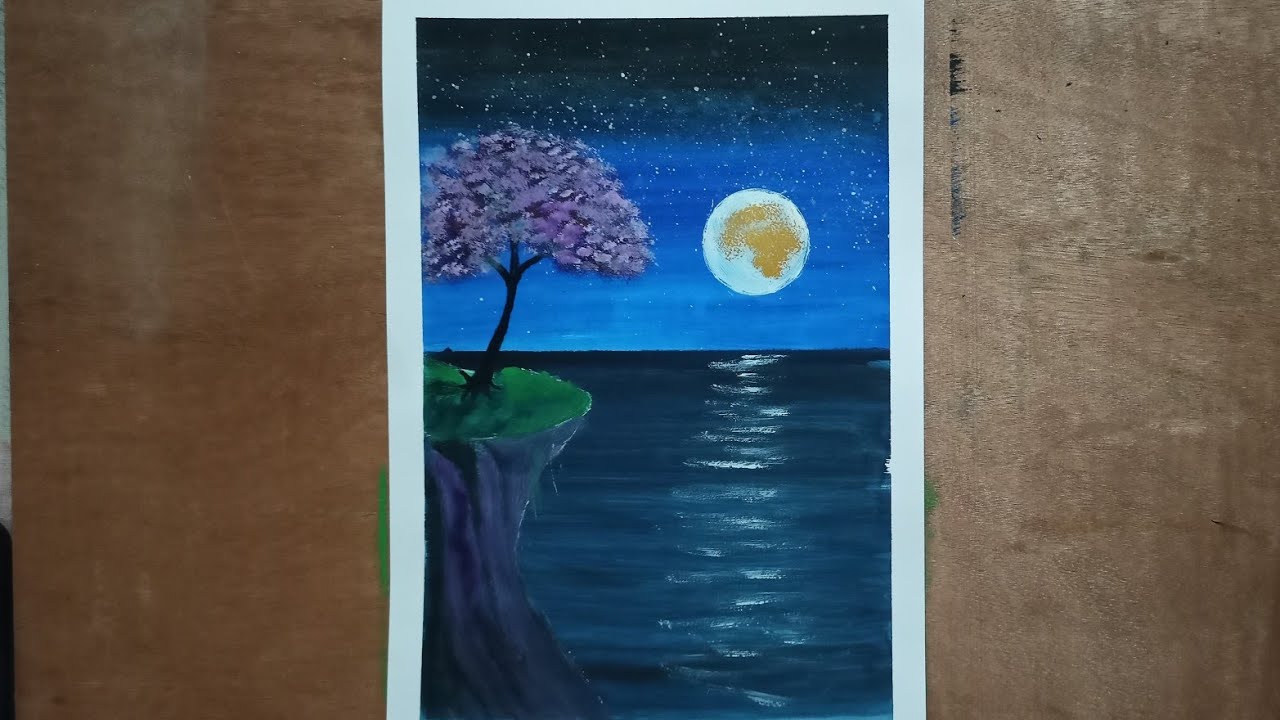 beautiful moonlight scenery drawing//moonlight scenery drawing step by ...
