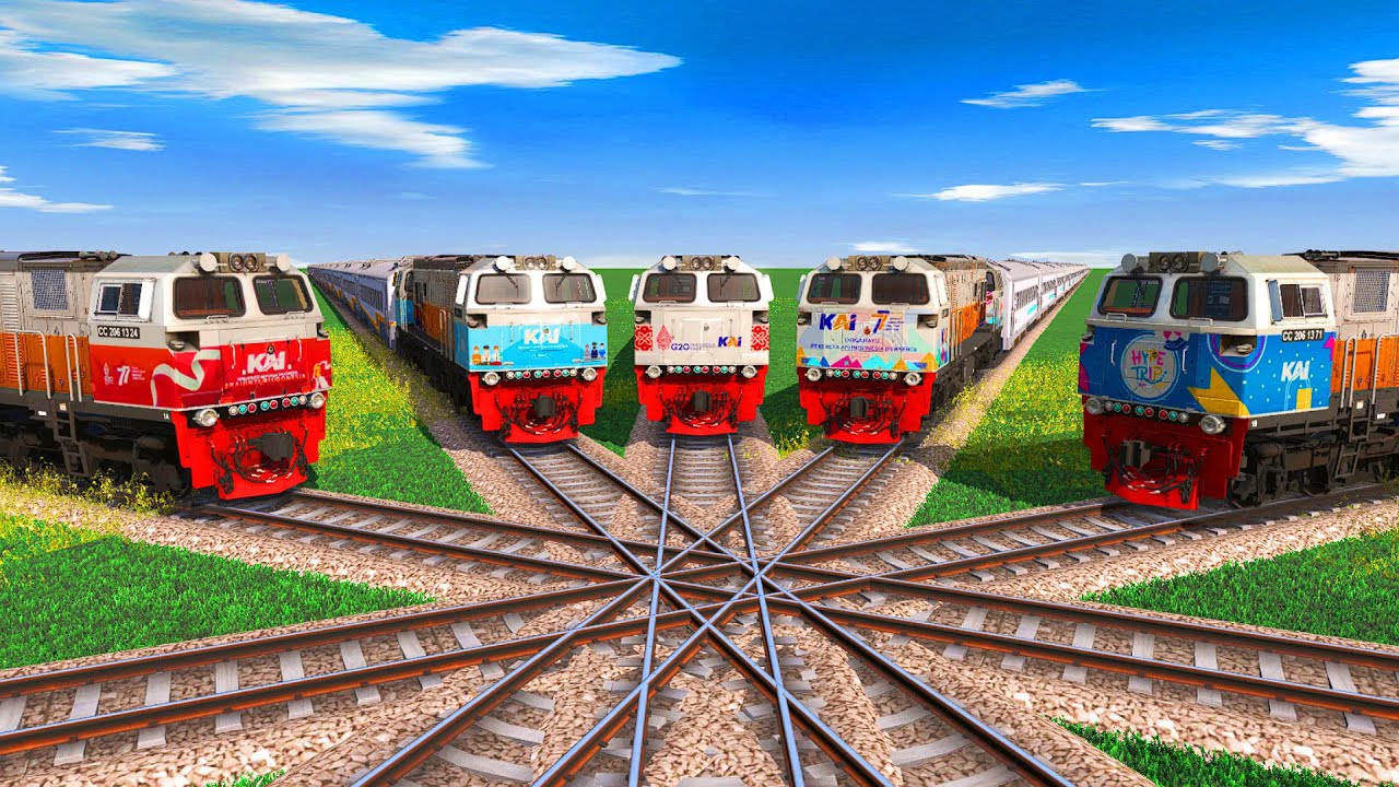 5 COLORFUL TRANSPORTING PASSENGER TRAINS CROSSING ON 5 BRANCH CRISS ...