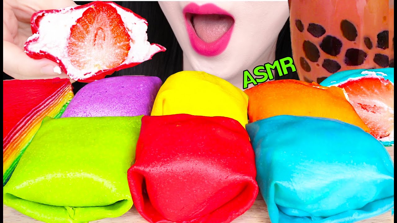 ASMR RAINBOW CREPE CAKE MUKBANG 무지개 크레이프 케이크 먹방 JANE ASMR 제인 - YouTube