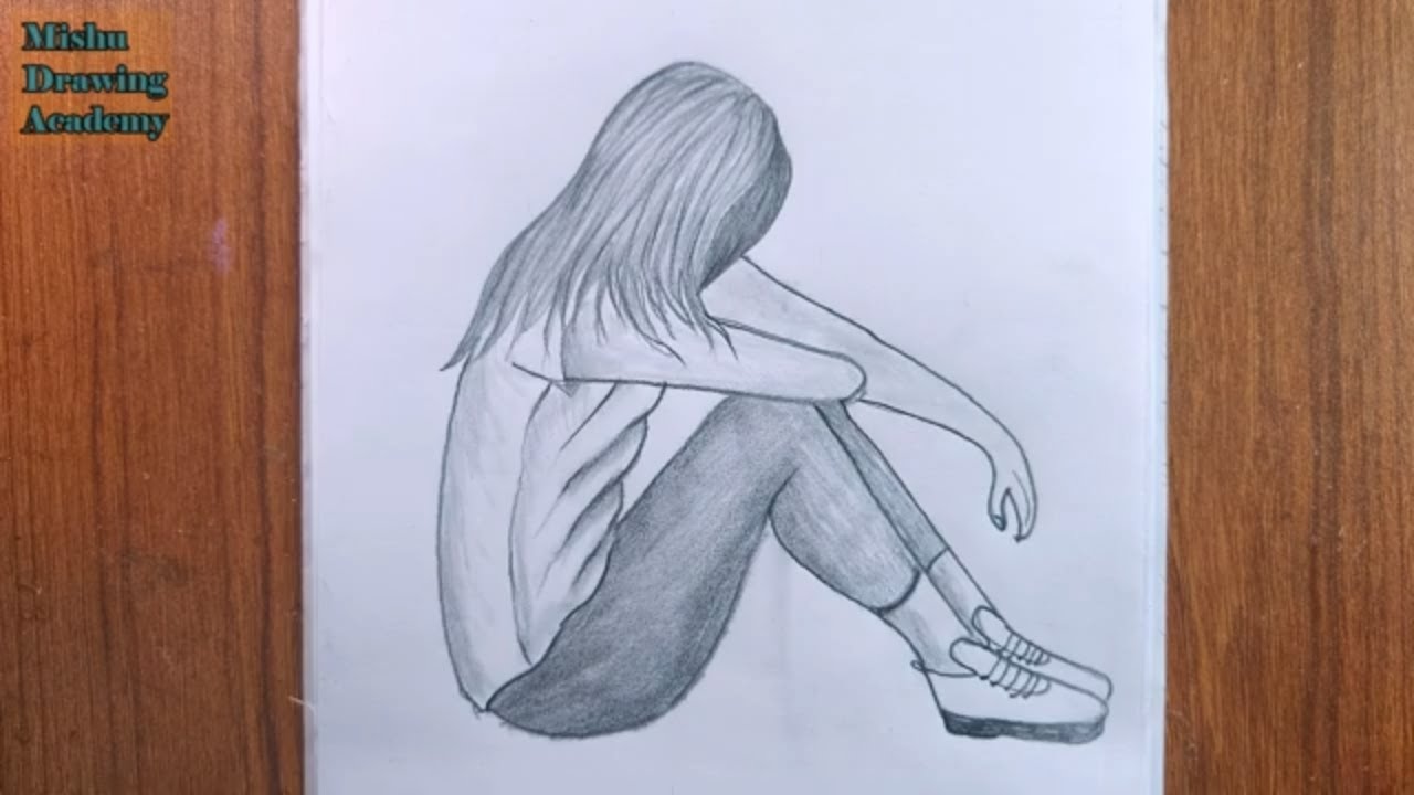 Sad Girl Sitting Alone Sketch