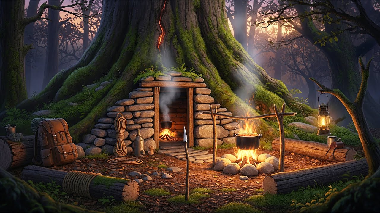 Hidden Forest Stone Shelter – Cooking & Cozy Overnight Survival Camp ...