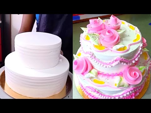vanilla pink design cake| two step height cake| - YouTube