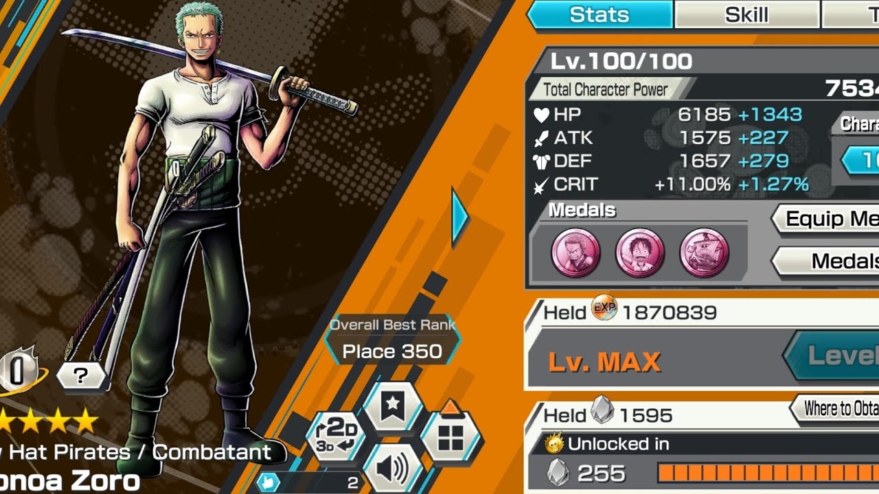 Roronoa Zoro(Strawhat Hat pirates/Combatant) Gameplay.....One Piece ...