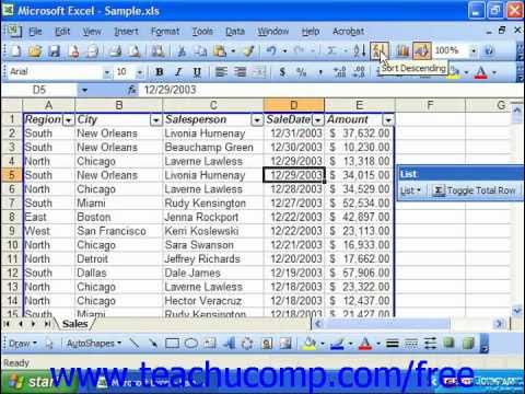 Excel 2003 Tutorial Sorting Data Microsoft Training Lesson 26.1 - YouTube
