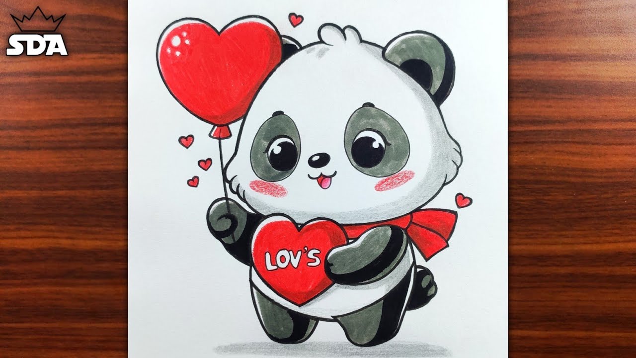 How to draw cute PANDA with heart | How to draw cute PANDA with Balloon ...