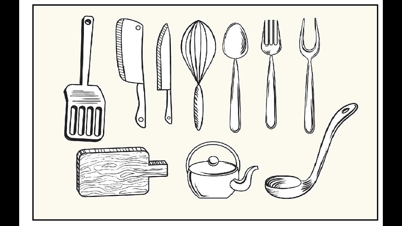 how to draw Kitchen Set for Kids||kitchen utensils|| bimbo drawing art ...