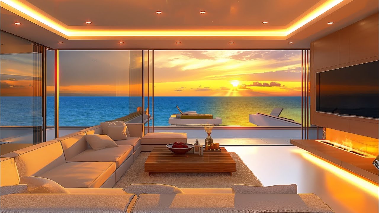 Beautiful Sunset at Coastal Luxury Hotel 4K with Positive Bossa Nova ...