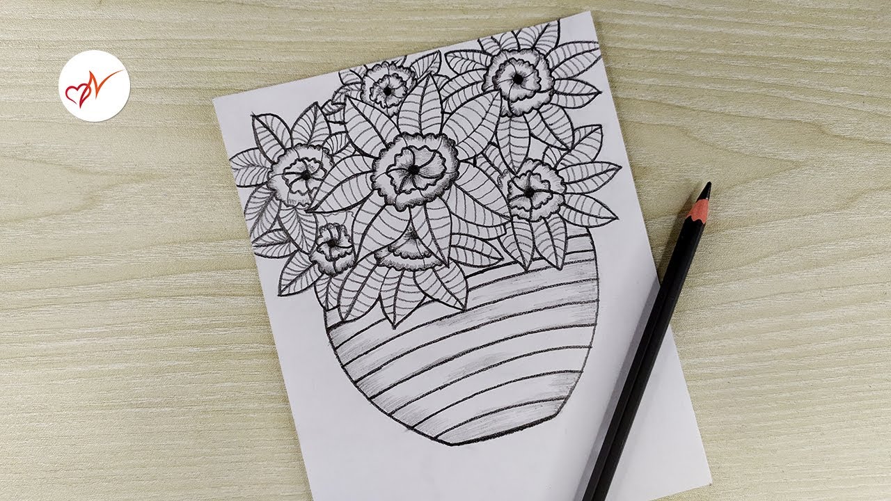 How to draw blooming flowers with flower tub | Pencil sketch drawing ...