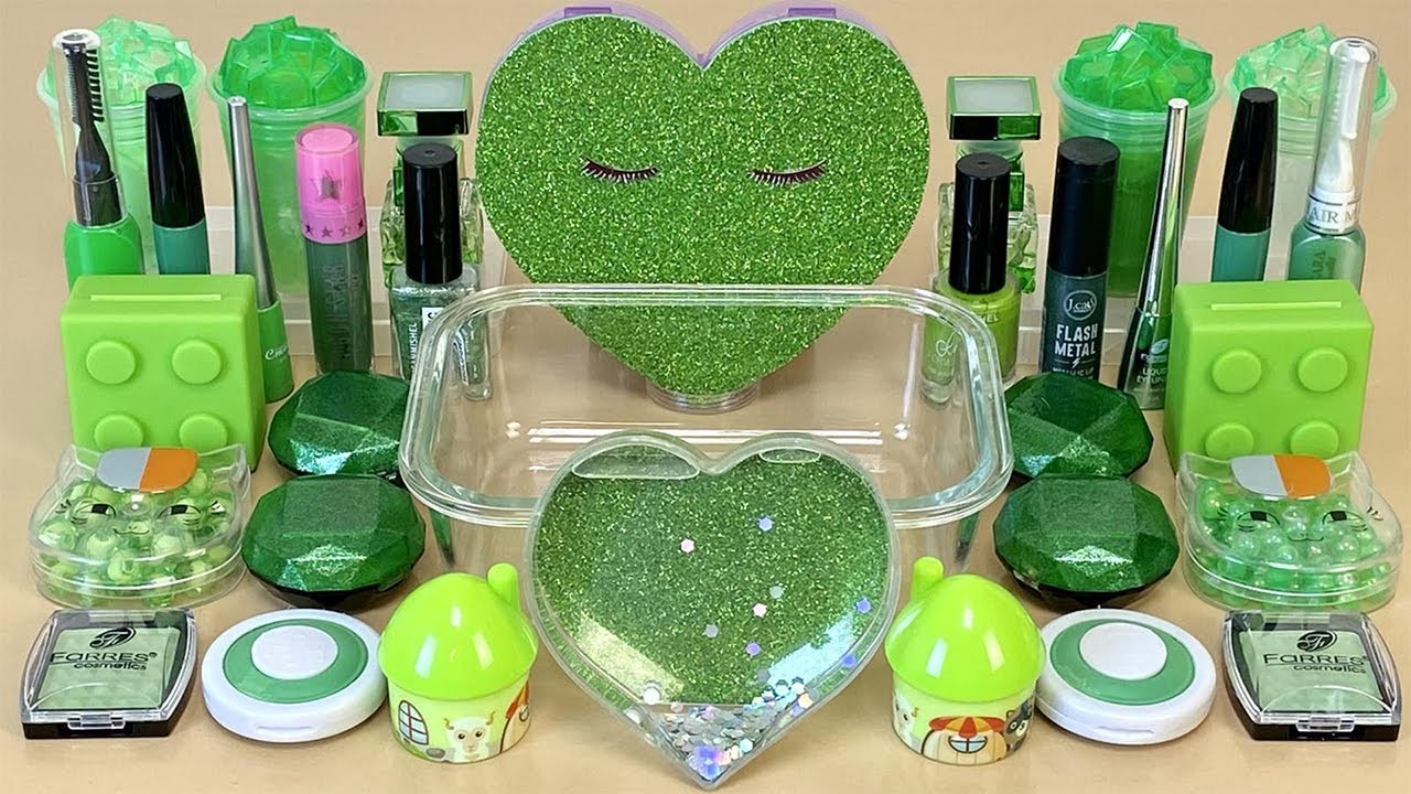 GREEN SLIME 💚 Mixing makeup and glitter into Clear Slime 💯% ASMR ...