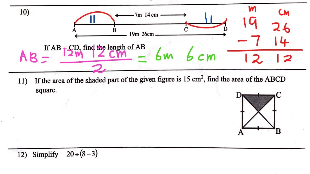 LENGTH | m, cm | Subtraction and division in LENGTH | Exam Paper ...