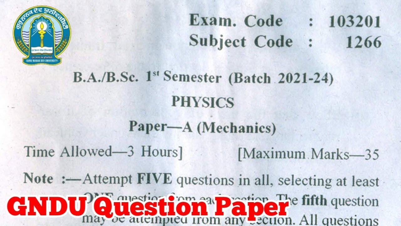 Gndu BA / Bsc 1st Semester Physics - A ( Mechanics ) Question Paper ...
